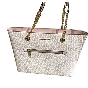 Michael Kors Jet Set Item Medium Front Pocket Chain Tote Bag Purse (Optic White/Rose Gold)