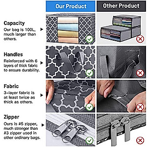 WISELIFE Storage Bags, Large Blanket Clothes Organization and Storage Containers for Bedding, Comforters, Foldable Organizer with Reinforced Handle, Clear Window,Sturdy Zippers,(Grey, 3 x 100L)