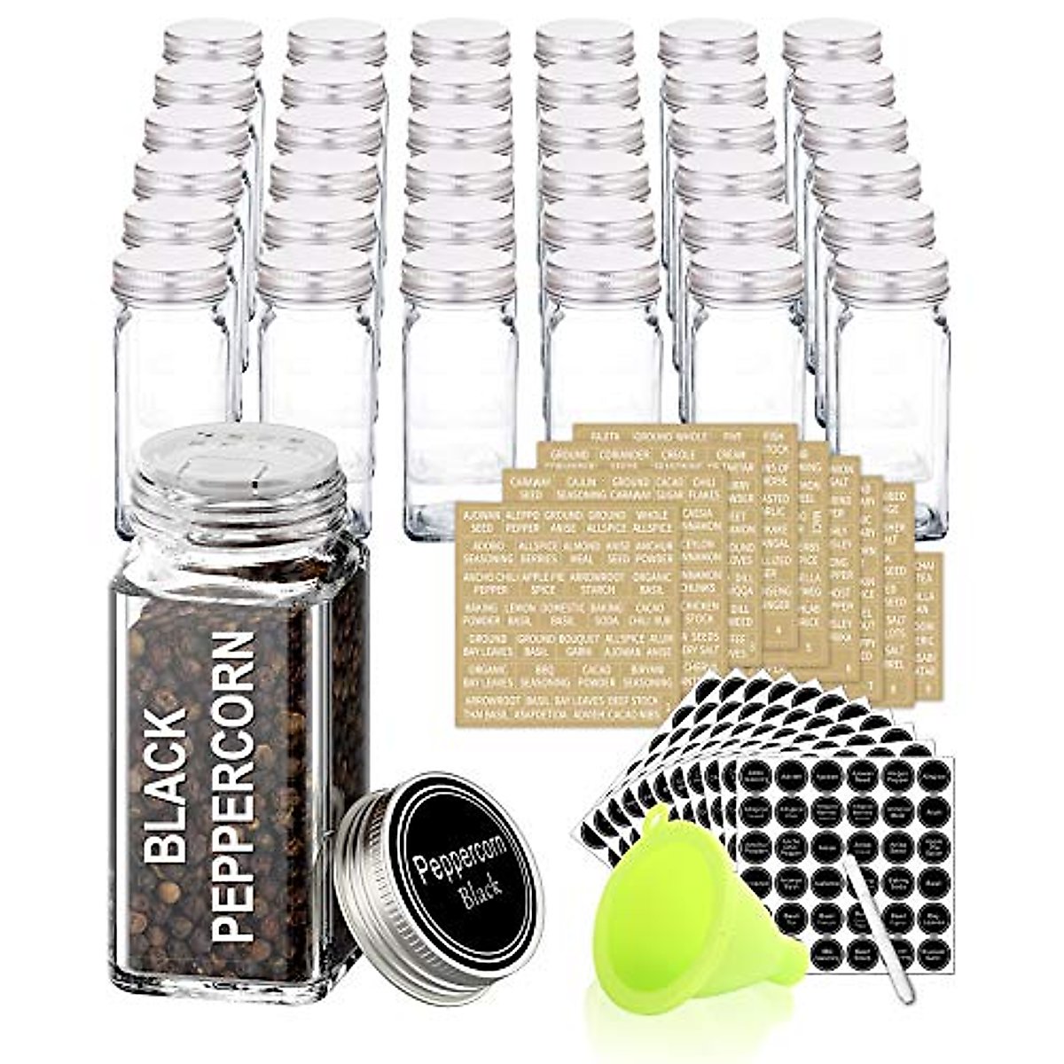 SWOMMOLY 36 Glass Spice Jars with 703 Spice Labels, Empty Square Spice Bottles 4 oz with Pour/Sift Shaker Lid, Airtight Cap, Chalk Marker and Funnel Complete Set