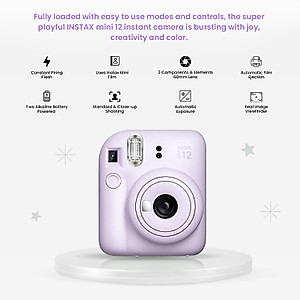 Fujifilm Mini 12 Instant Camera Starter Bundle: Includes Mini Film Value Pack (60 Sheets) + 4 Pack AA Batteries + Lens Cleaning Cloth (Lilac Purple)
