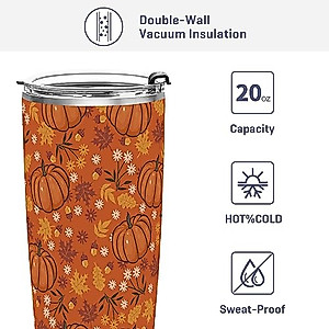 Jihqo Pumpkin Thanksgiving Harvest Tumbler with Lid and Straw, Insulated Stainless Steel Tumbler Cup, Double Walled Travel Coffee Mug Thermal Vacuum Cups for Hot & Cold Drinks 20oz