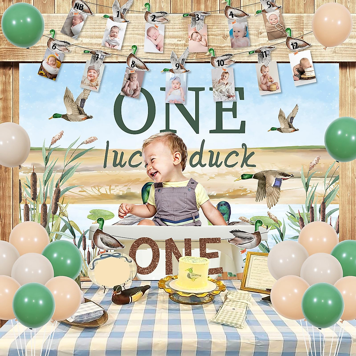 Fangleland Mallard Duck 1st Birthday Decorations for 1 Year Old Boy, One Lucky Duck Theme Boy First Birthday Party Supplies with Cake Topper, Backdrop, High Chair Banner, Balloons