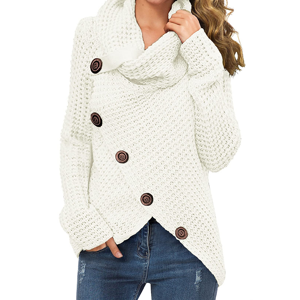 GRECERELLE Women's 2024 Fall Turtleneck Chunky Pullover Sweaters Long Sleeve Asymmetric Knit Jumper Tops White, L