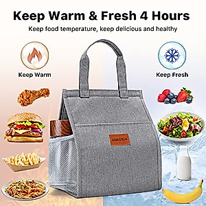 DANIA & DEAN Lunch Bag, Portable large Lunchbox for Women/Men/Adult/Student, Insulated Thermal Tote Bag, Leakproof Cooler Bag with Drinks Holder, Suitable for Work/School/Travel/Picnic（Grey）