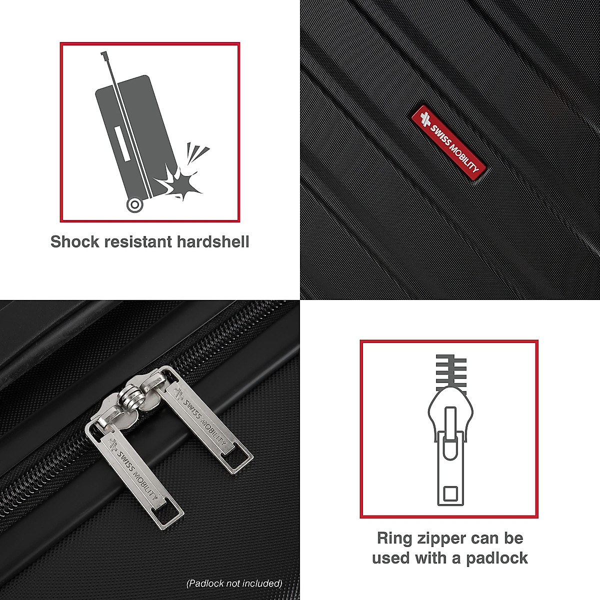 SWISS MOBILITY AHB Collection 3 Piece Hard Shell Luggage Set, Expandable Suitcases with 360-Degree Spinner Wheels, Retractable Handle, 20 Inch Carry On, 24 Inch Mid-size, 28 Inch Large Bags, Black