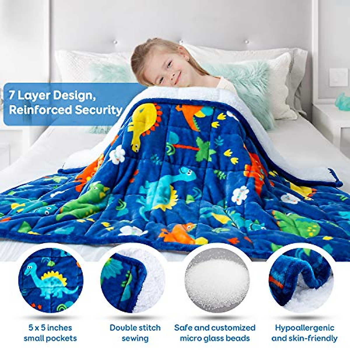Sivio Sherpa Fleece Weighted Blanket, 5lbs Blue Dinosaur, Ultra Soft and Cozy Heavy Blanket, 36x48 Inch
