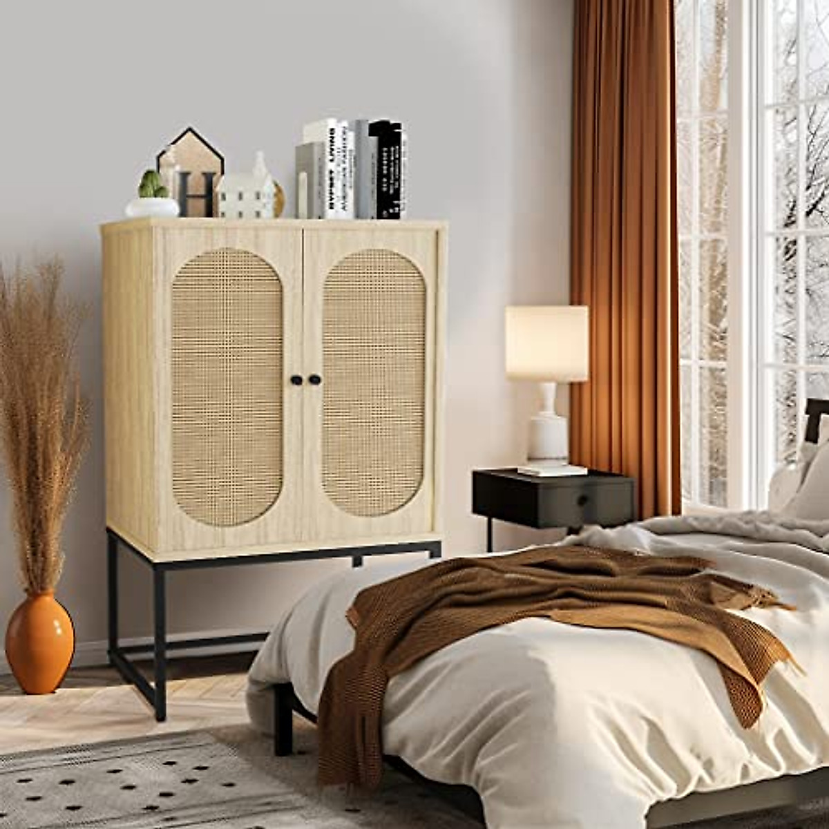 Lamerge Natural Rattan Cabinet Set of 2,Sideboard Buffet Cupboard Accent Cabinet with 2 Door,Adjustable Shelves,Free Standing Bookmatch,High Cabinet,RusticOak Beige