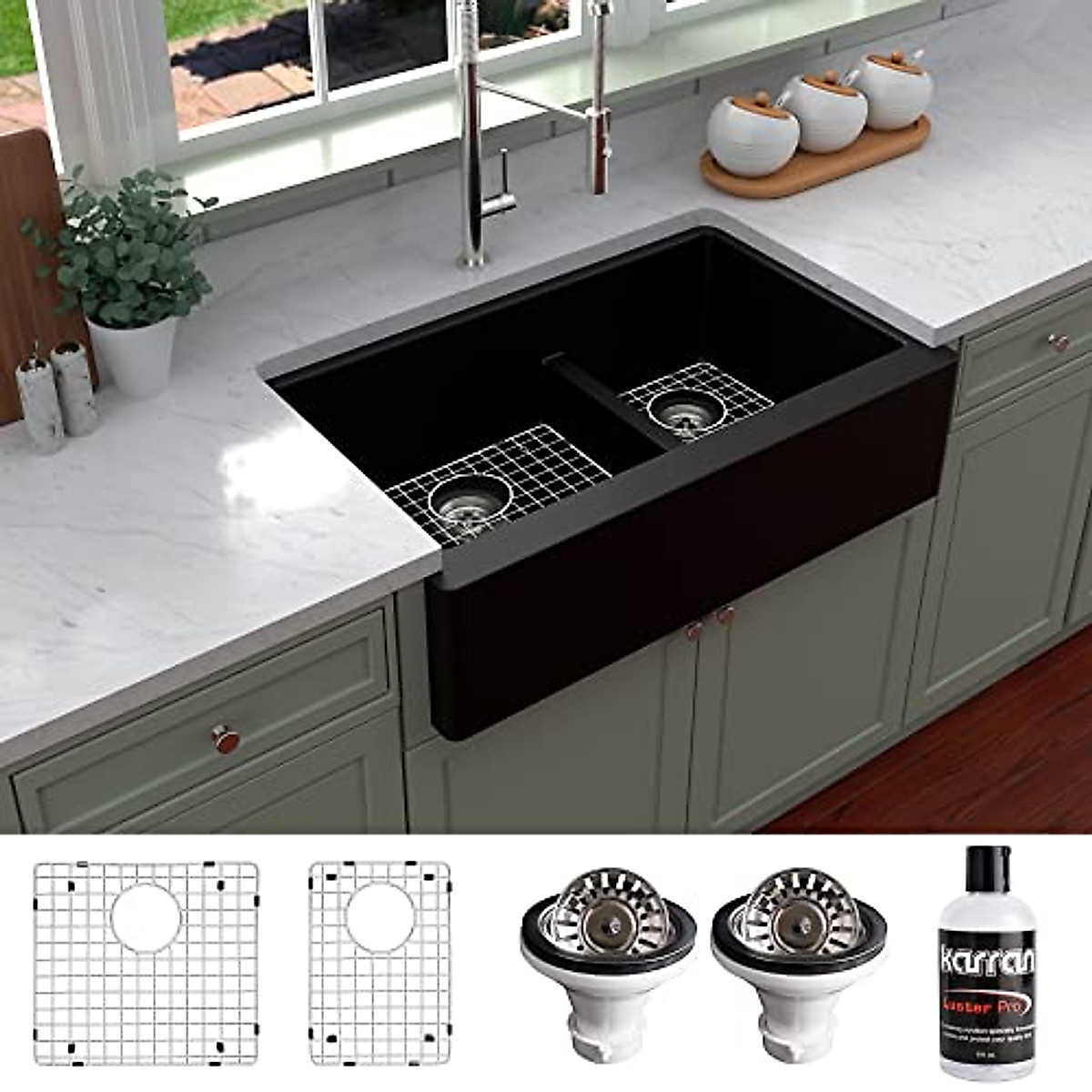 Karran QA-760 34" Undermount Large/Small Bowl Quartz Farmhouse Kitchen Sink Kit in Black
