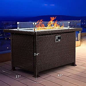 Propane Fire Pit Table Outdoor: 44" 60000BTU Auto-Ignition Propane Fire Pits Table with Wind Guard Square Large Wicker Propane Firepits Rattan Fire Pits Table for Patio Garden Dinning (CSA Certified)