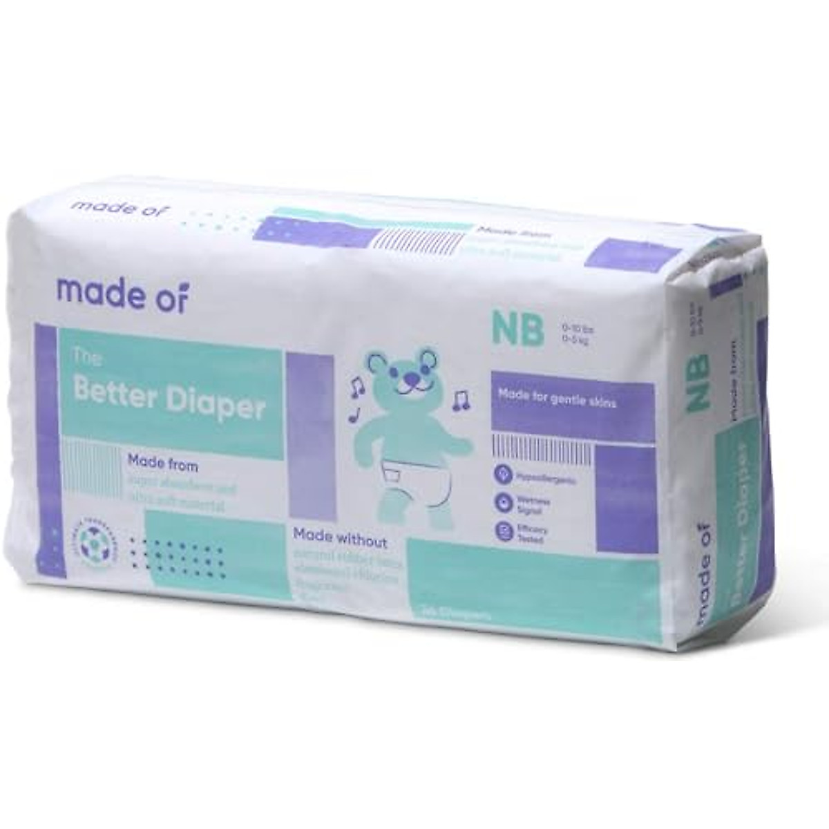 MADE OF The Better Baby Diapers - Hypoallergenic Diapers for Sensitive Skin, Unscented, 10 Hour Absorbency - Pediatrician and Dermatologist Tested - Size 0 (144 Count)