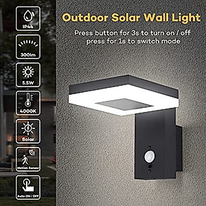 TJCoLUX Outdoor Solar Wall Light with Motion Sensor, 3 Modes IP44 Waterproof 4000K Exterior Aluminum Black Wireless Light Fixture for Garden, Yard, Porch, Patio