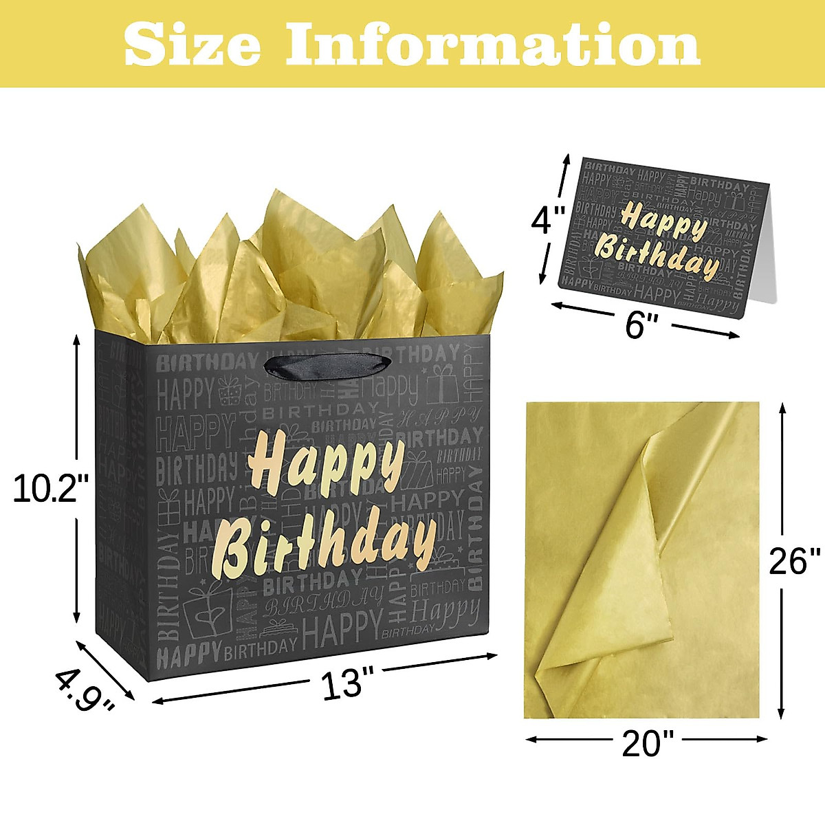 13" Large Black and Gold Happy Birthday Gift Bag with Tissue Paper and Card for Men Women Birthday