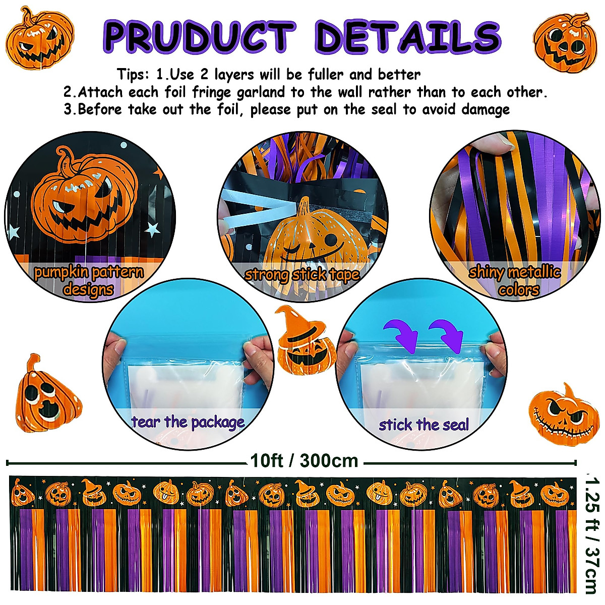 Halloween Parade Floats Foil Fringe, Each 10 ft x 15'' Orange Purple Black Pumpkin Tinsel Streamers Garland Banner Table Skirts for Halloween Trailer Car Graduation Homecoming Party (4 Pack)