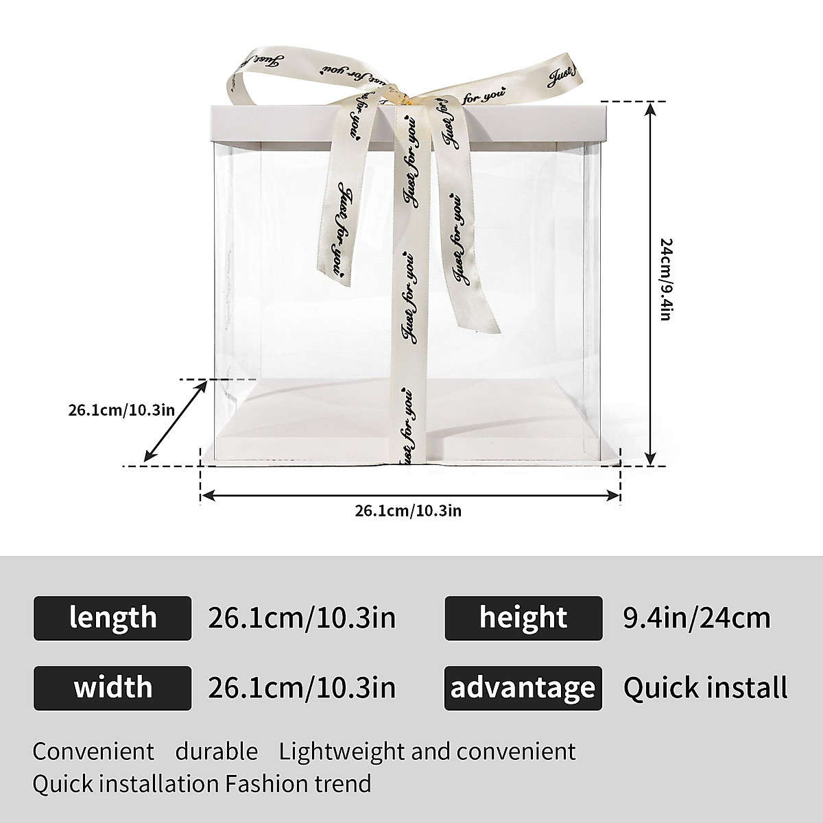 HOYA PONYOO Clear Cake Box, 2-Pack Cake Carrier Container 10" X 10" X 9" with Ribbon Transparent Boxes with Lid Gift Package for Birthday Wedding Party, White