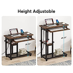 Tribesigns Small Portable Desk with Power Outlet, Height Adjustable Sofa Couch Bedside Laptop Table with Wheels, Mobile Standing Desk Rolling Computer Cart C Side Table with USB Ports