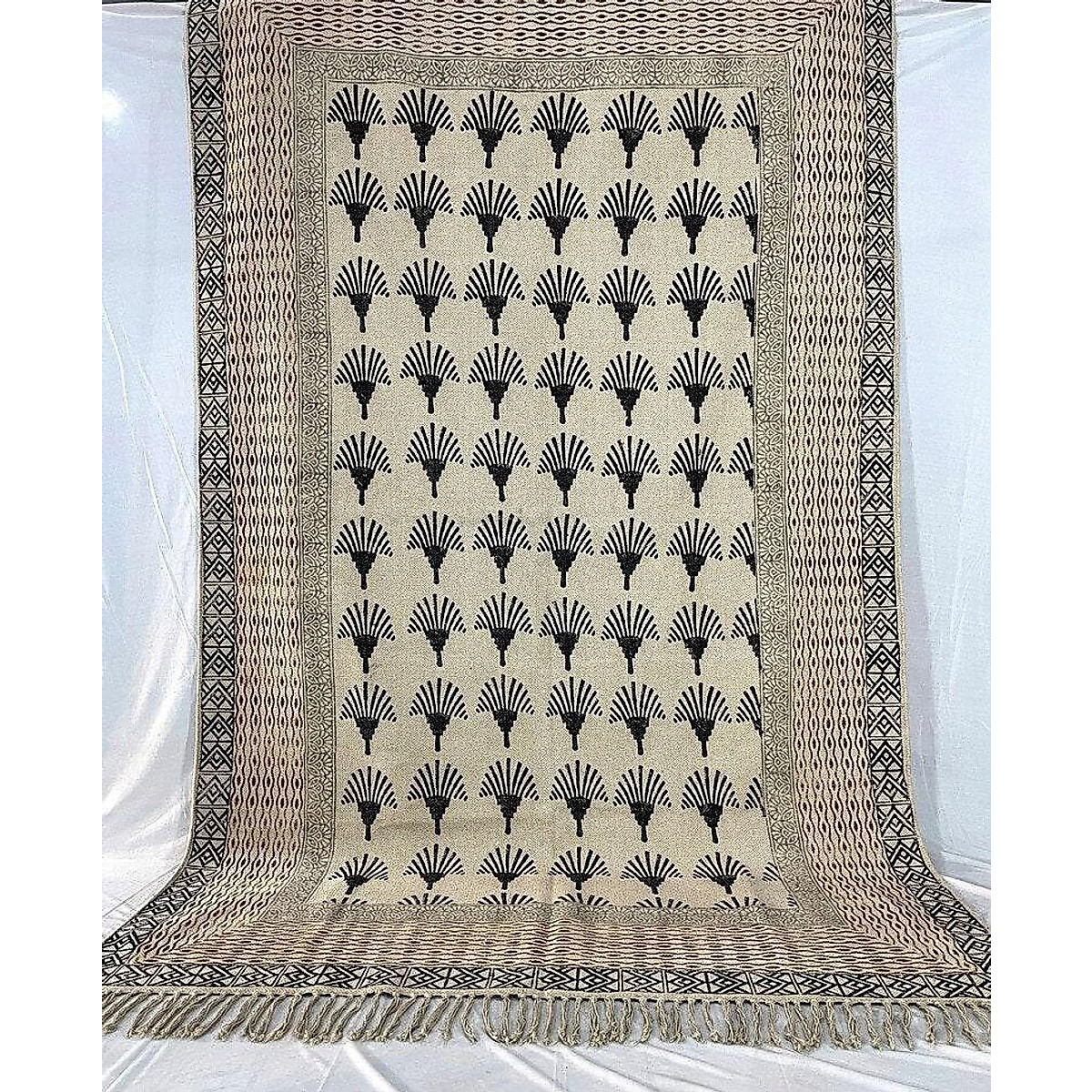 Hand Printed Block Print Rug Flatweave Area Rug Boho Rug Cotton Rug (4' x 6') Black&cream