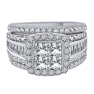 AFFY 14K Solid White Gold Round White Cubic Zirconia Bridal Engagement Wedding Ring Set (3 Cttw)