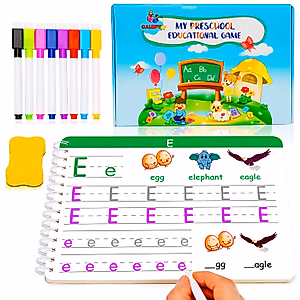 CALSPY 55 Pages Preschool Learning Activities Book+ 8 Dry Erase Markers- Montessori Handwriting Practice Alphabet Numbers Tracing Workbook for Kids Kindergartens Gifts Easter Valentines Children's Day