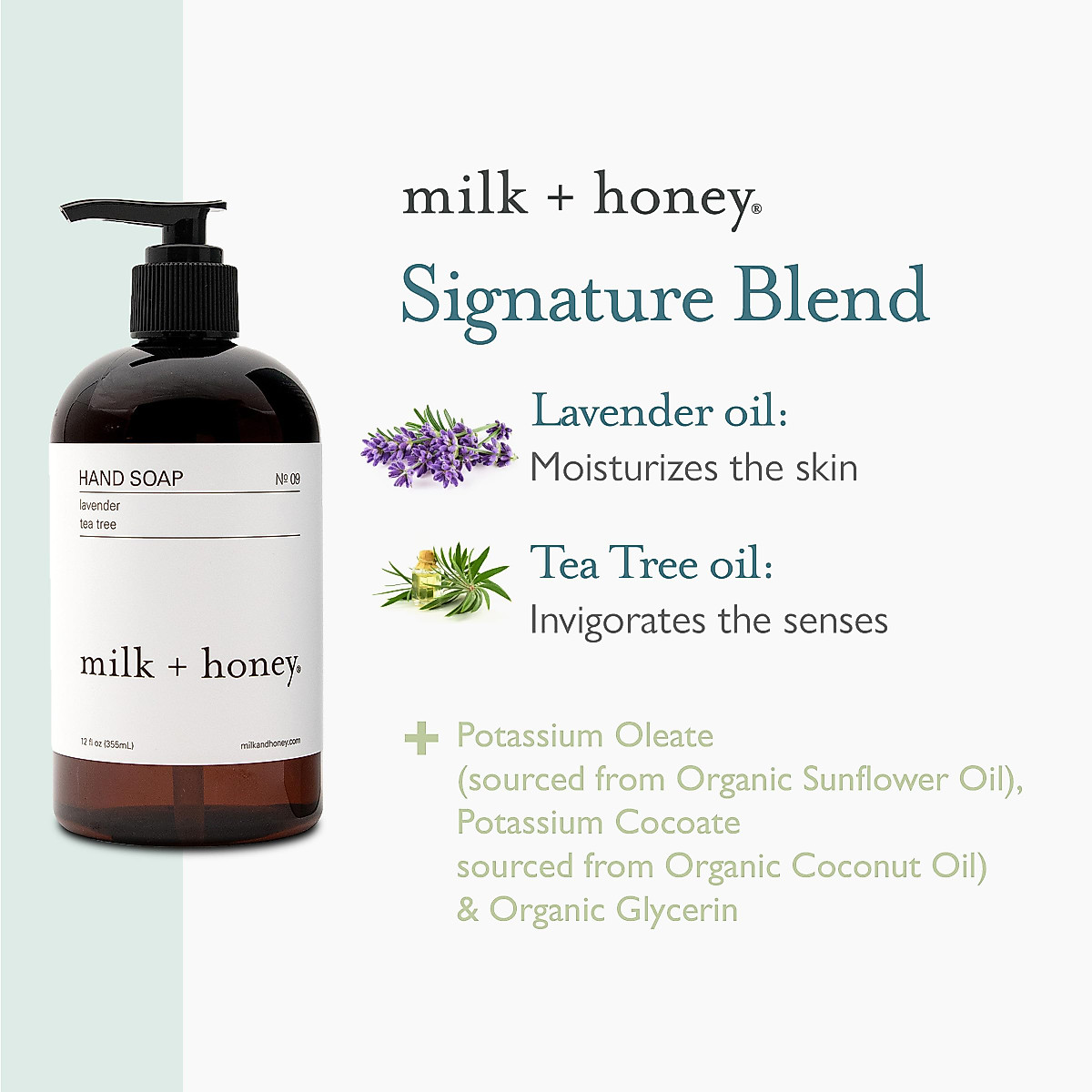 milk + honey Liquid Hand Soap No. 9, Moisturizing Hand Soap with Lavender and Tea Tree, Fresh and Herbaceous Natural Hand Soap, 12 Fl Oz