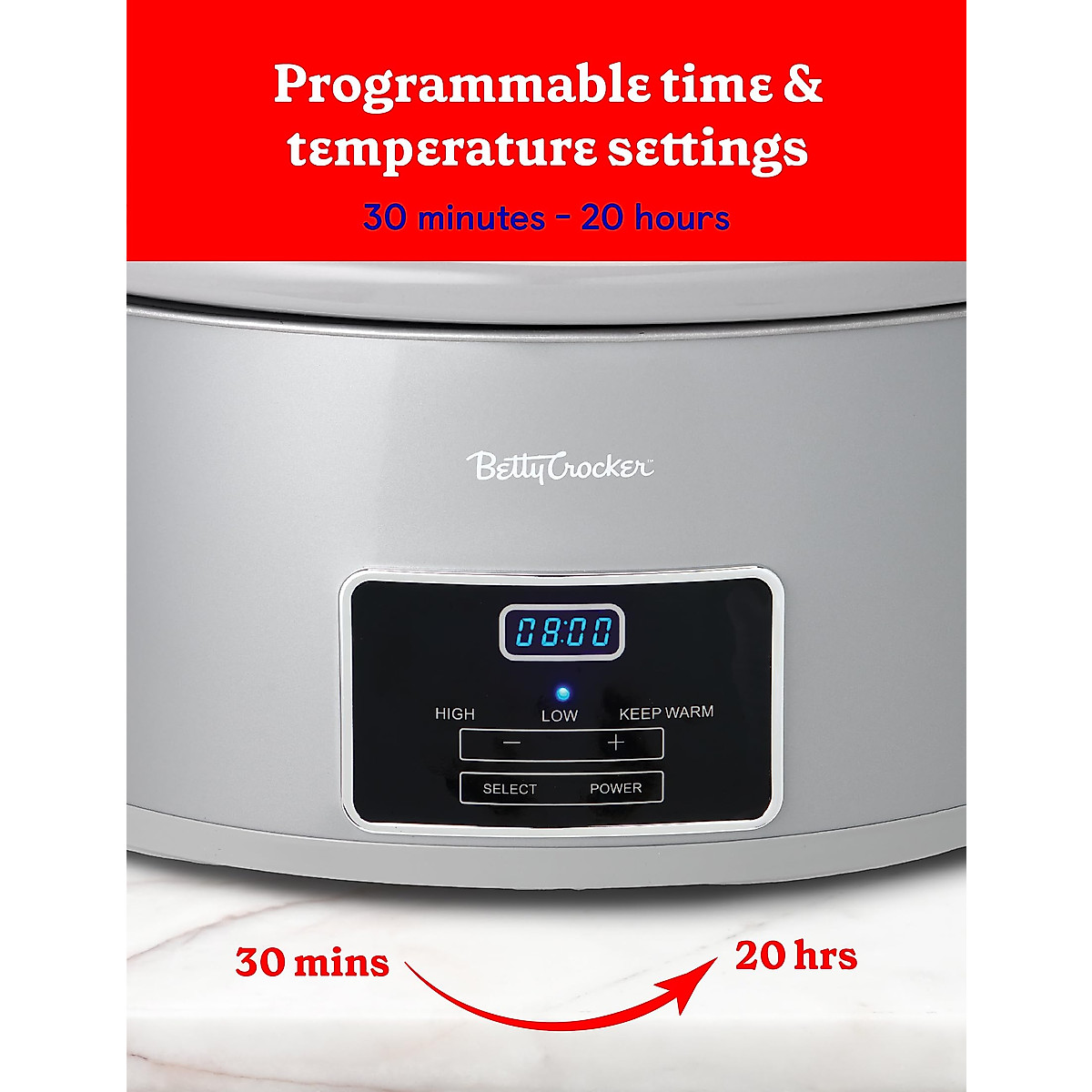 Betty Crocker 6-Quart Oval Digital Slow Cooker, Programmable Crock Pot Up to 20 Hours, Electric Cooking Pot with LCD Digital Display, Removable Stoneware Crock Liner, Betty Crocker Cookbook,Silver