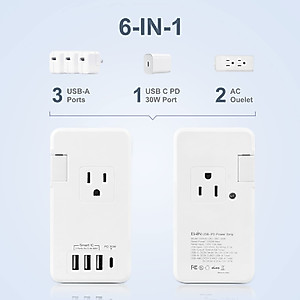 EWIN Power Strip with PD 30W USB C Port,Portable Travel Surge Protector Extension Cord with 2 Outlets,3 USB Charging Port,Flat Plug Compact Size Charging Station for Travel,Home,Office