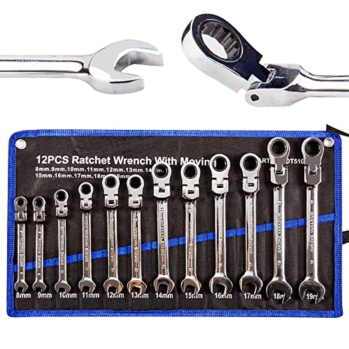 TR TOOLROCK 12pcs Flex Head Ratcheting Wrench Set- 8-19mm Metric Ratchet Combination Wrenches CrV Gear Spanner Set