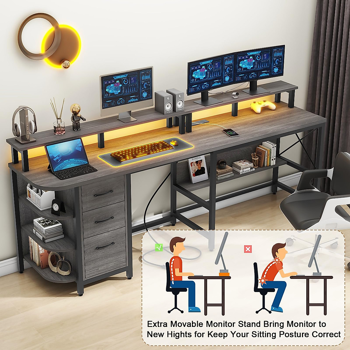 Vabches 67" L Shaped Computer Desk with LED Lights and Power Outlets, Reversible L Shaped Gaming Desk with 3 Drawers Hutch Monitor Stand, Home Office Desk with USB Port