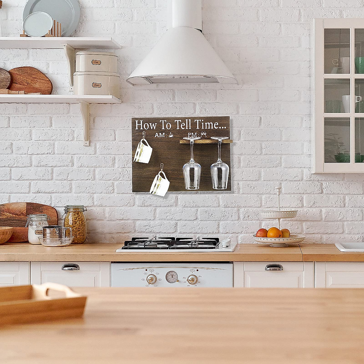 Wall Wooden Coffee Glasses Holder Rack, How To Tell Time Wooden Cup Holder, Popular Unique Gift for Couples Lovers Mother Women Retirements Gift, Mugs Glasses Not Included (How To Tell Time)