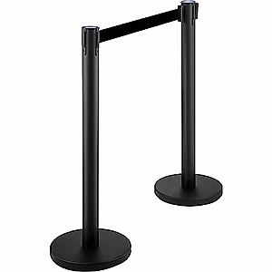 VEVOR Crowd Control Stanchion Set, Stanchion Set with 6.6 ft/2 m Black Retractable Belt, Black Crowd Control Barrier w/Concrete and Metal Base - Easy Connect Assembly (4)