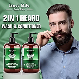 Beard Wash and Conditioner Kit (17oz) Natural Mint Beard Shampoo Conditioner Kit, Fathers Gifts for Dad Him Men, Beard Shampoo Set w/Beard Oil Conditioner Cleanse Smooth Soften Strengthen