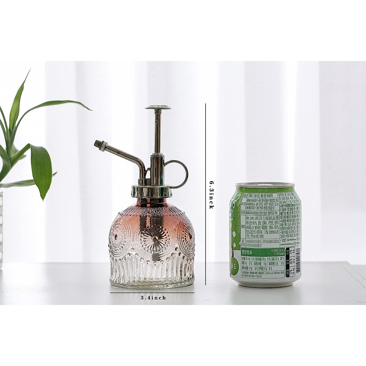 Glass Plant Mister Spray Bottle, 6.3inch Tall Vintage Plant Spritzer Watering Can, Succulent Watering Bottle with Top Pump, Plant Mister Glass Watering Garden Tool (Brown Clear Gradient)