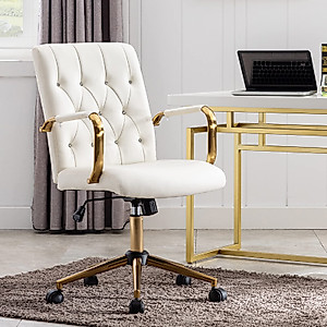 DUHOME PU Leather Home Office Desk Chairs, Modern Gold Task Chair with Wheels for Office, Swivel Adjustable Computer Chair with Armrest and Gold Base White