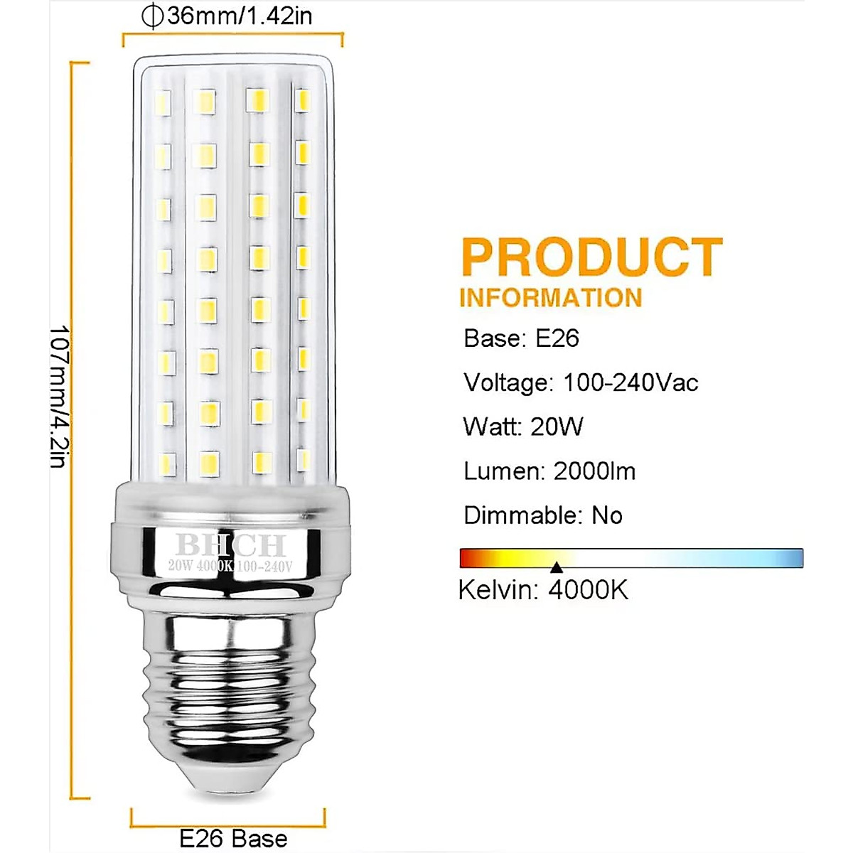 BHCH LED Corn Bulbs 20W, E26 Edison Screw Bulbs, 150W Incandescent Bulbs Equivalent, Neutral White 4000K, Non-Dimmable, Pack of 3