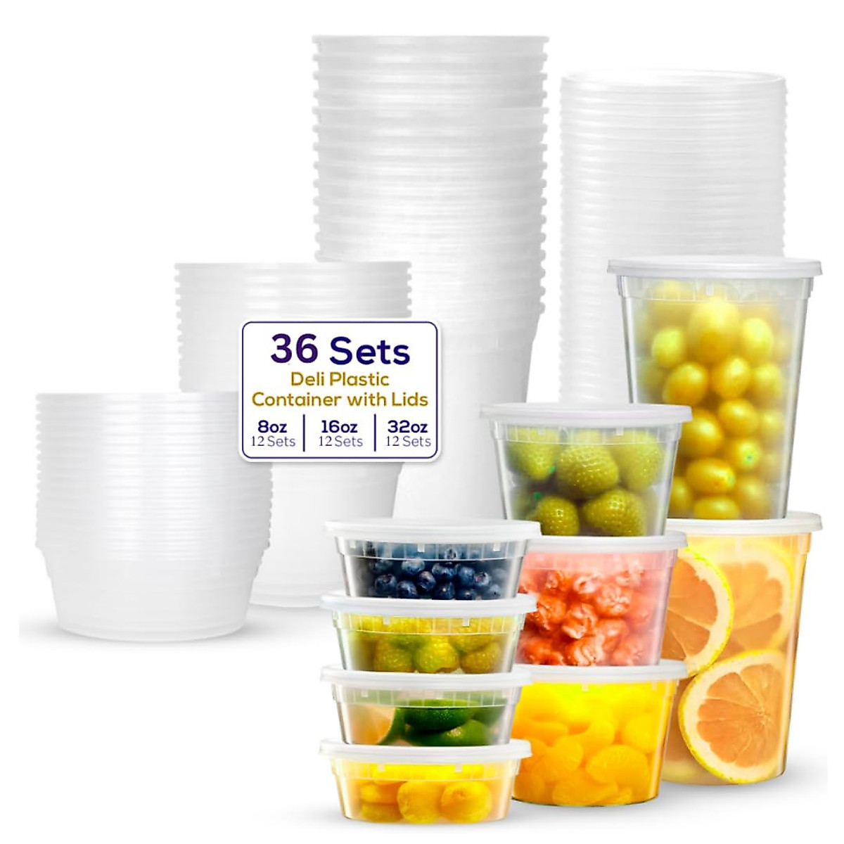 Supreme Deli Plastic Storage Containers with Lids 8oz, 16oz, 32oz [8 sets of each - 24 combo pack] Reusable Food Containers - Microwavable & Freezer friendly - Dishwasher safe - Secure fitting Covers