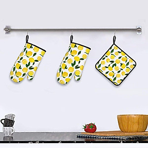 Lemon Oven Mitts and Pot Holders Sets of 3,Resistant Hot Pads with Polyester Non-Slip BBQ Gloves for Kitchen,Cooking,Baking,Grilling