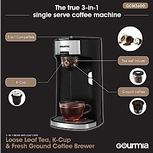Gourmia GCM3600 3 in 1 Coffee & Tea Maker -K-Cup Pod, Loose Leaf Tea & Ground Coffee Compatible -Single Serve Machine -Automatic -Removable Filters & Adapters -16 oz Water Reservoir -1300W -Black
