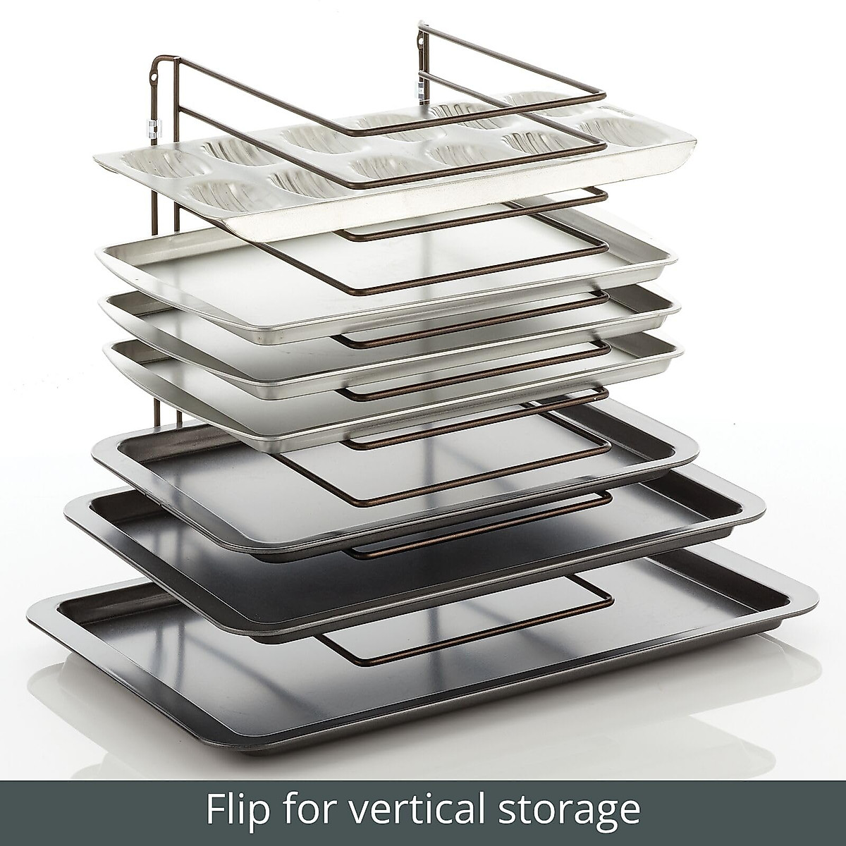 mDesign Metal Wire Organizer Rack for Kitchen Cabinet, Pantry, Shelves - Holder with 11 Slots for Skillets, Frying Pans, Lids, Cutting Boards, Vertical or Horizontal Placement - Extra Large - Bronze