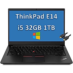 Newest Lenovo ThinkPad E14 14" FHD 1080p IPS Business Laptop (Intel 4-Core i5-10210U, 32GB DDR4 RAM, 1TB PCIe M.2 SSD) Type-C, Webcam, Windows 10 Pro + HDMI Cable