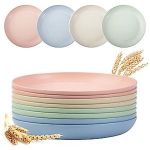 OAMCEG 8 Pack Plastic Plates Reusable 10 Inches Unbreakable Eco-Friendly Lightweight Wheat Straw Plates, Salad Plates, Camping Plates, Dinner Plates, College Dorm Room Essentials, BPA FREE