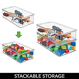 mDesign Plastic Playroom/Game Organizer Box Containers with Hinged Lid for Shelves or Cubbies, Holds Toys, Building Blocks, Puzzles, Markers, Controllers, or Crayons, Ligne Collection, Clear