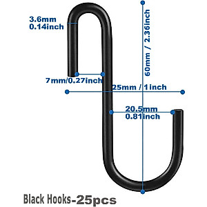 FIVOENDAR 50 Pack Heavy Duty S Hooks S Shaped Hooks Hanging Hangers Pan Pot Holder Rack Hooks for Kitchenware Spoons Pans Pots Utensils Clothes Bags Towels Plants(Black & Silver)