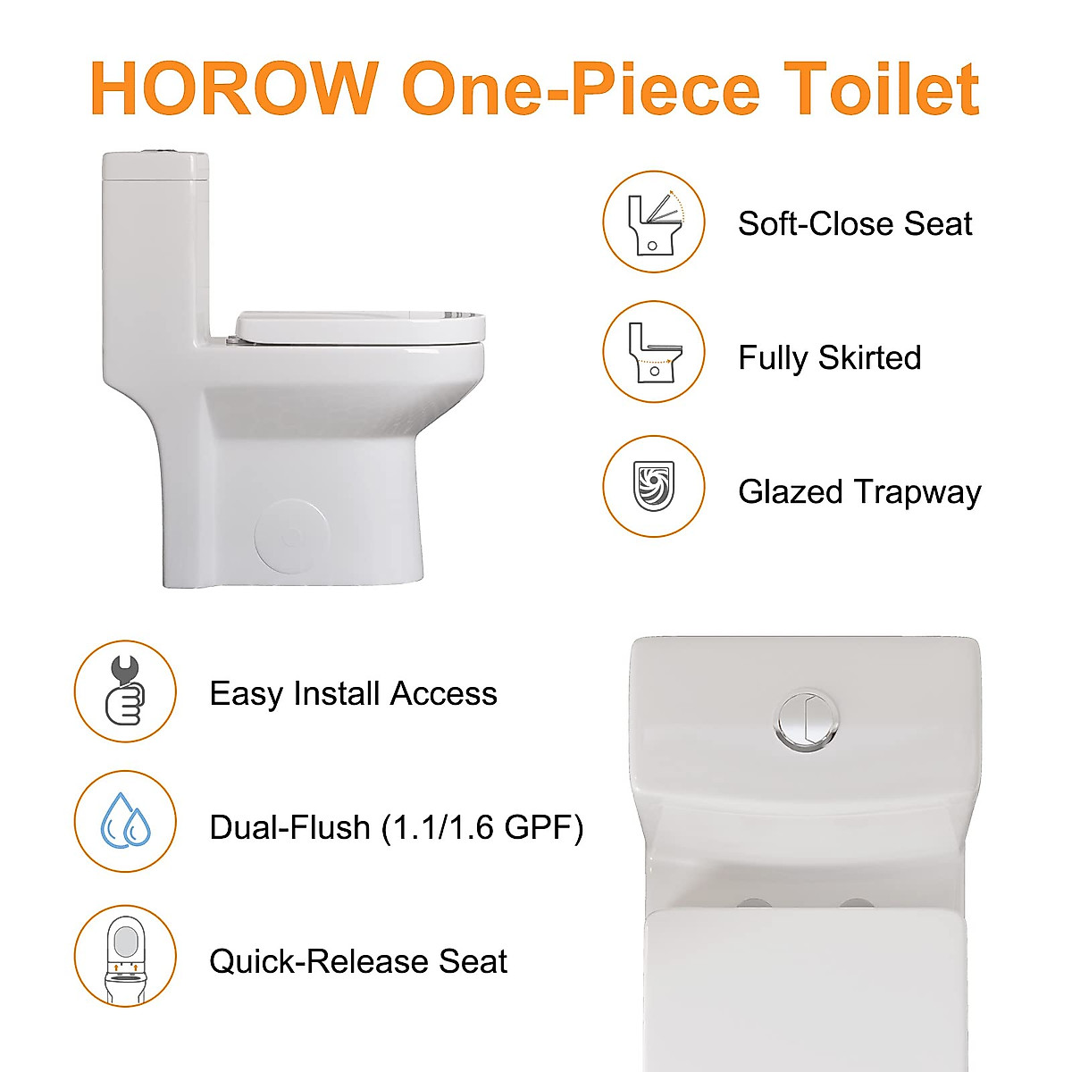 HOROW HT1000 Dual Flush One Piece Toilet, Modern Small Toilet with Soft Closing Seat, Quick Release & 12'' Rough-in, Compact & Round for Small Bathroom, Standard White Finish Toilet Bowl