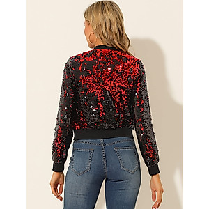 Allegra K Women's Halloween Sequin Jacket 2024 Fall Party Shiny Glitter Sparkly Bomber Jackets Medium Red