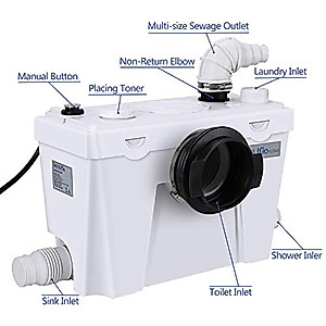 Upflush Macerating Toilet with Pump for Basement with Macerator Pump, 1.28GPF Dual Flush Toilet Tank, Nano Glaze Toilet Bowl, Extension Pipe, 4 Water Inlets for Toilet Kitchen, Sink, Bathtub