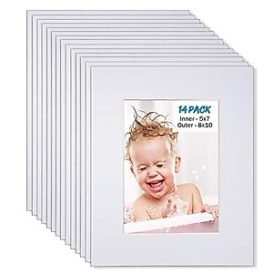 Egofine 8x10 White Picture Mats Pack of 14, Frame Mattes for 5x7 Pictures, Acid Free, 1.2mm Thickness, with Core Bevel Cut