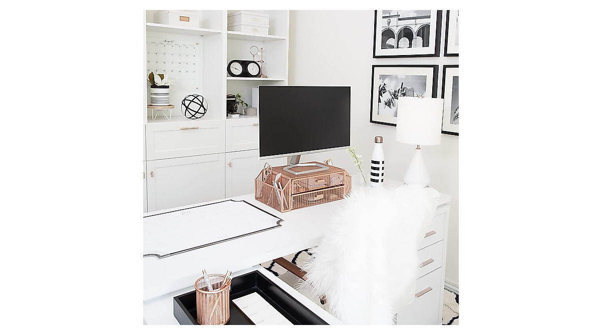 BLU MONACO Rose Gold Monitor Stand with Drawer Riser