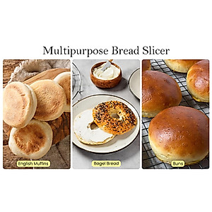 Bagel Slicer for Small and Large Bagels - Bamboo Bread Slicer w/Two Plastic Inserts & Non-Slip Silicone Pad - Adjustable Bagel Cutter Slicer - Moisture Resistant & Thick Base Bagel Holder for Slicing