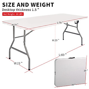 MGHH Folding Table 6ft Plastic Table Camping Table Foldable Adjustable for Picnic,Camping,Kitchen, Party Outdoor Indoor (White)