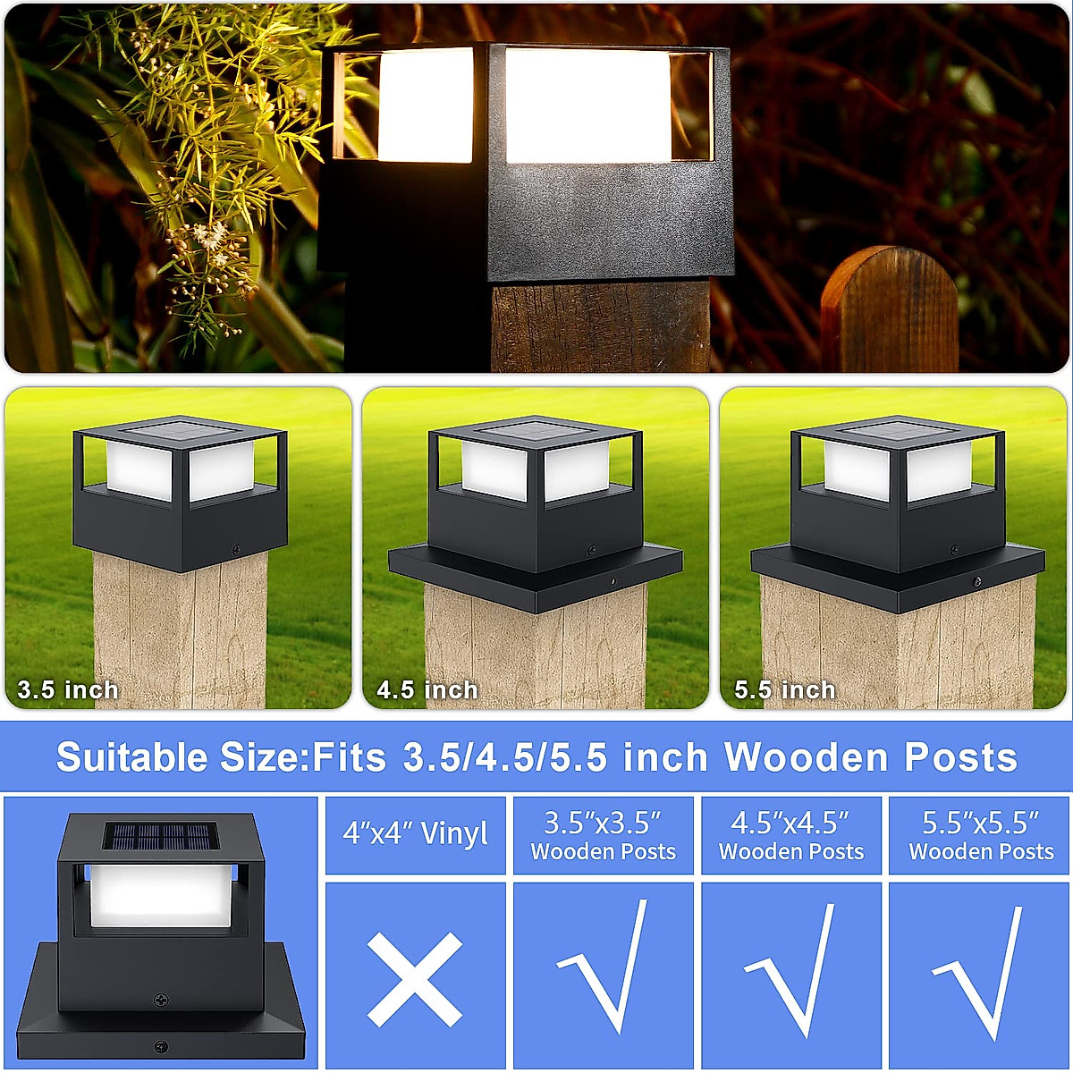 8 Pack Solar Post Lights Outdoor Solar Post Cap Lights, 20 Lumen High Brightness Waterproof LED Fence Post Solar Lights with Base for 4x4 5x5 6x6 Wooden Posts,Black