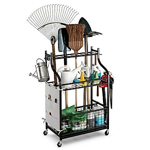 Goplus Garden Tool Organizer, 3-Tier Garage Tool Storage Cart w/Removable Hooks, Side Bag, Universal Wheels, Yard Tool Rack Holder, Metal Tool Rolling Cart for Shed, Lawn